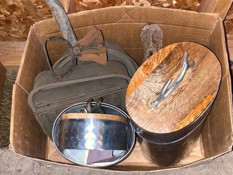 Hammered Metal Canisters, Cast Iron Shoe Lathe, and Miscellaneous Pans ...