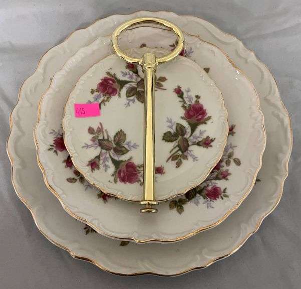 Three-Tier Ceramic Serving Plates with Rose Pattern and Gold-Tone ...