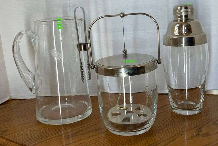 Glass Barware Set with Silver-Tone Accents Including Pitcher, Cocktail ...