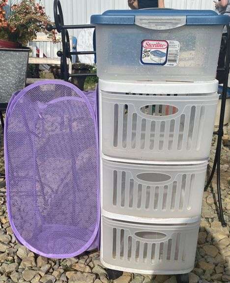 Stackable Plastic Storage Bins and Purple Laundry Hamper - Metzger ...