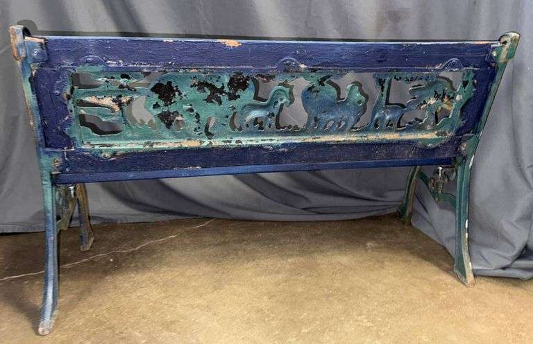 Blue Bench with Cast Iron Sides and Animal Motif - Metzger Property ...