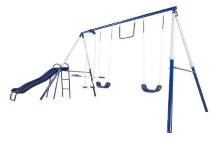 Metal Frame Outdoor Swing Set with Slide and Two Swings - Metzger ...