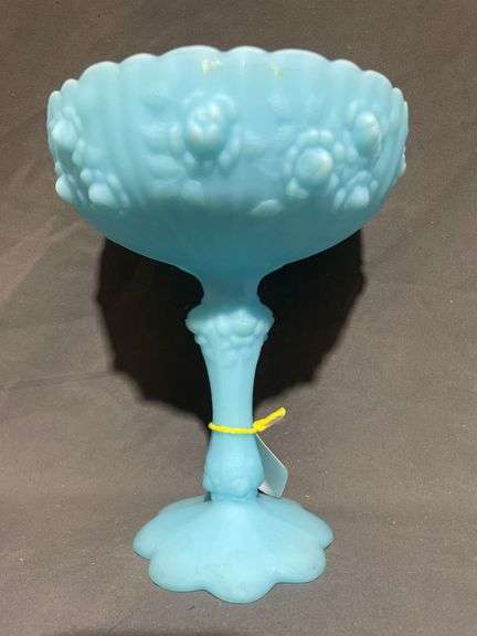 Blue Fenton Glass Compote with Floral Relief 6”x8” - Metzger Property ...