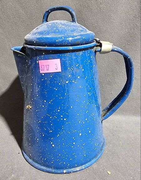 Blue Enamel Pitcher, Metal Wall Decoration and Red Metal Potato Ricer ...