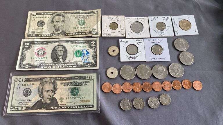 $35 Approx. Face Value Coin and Currency Assortment inc. $20 Note, $5 ...