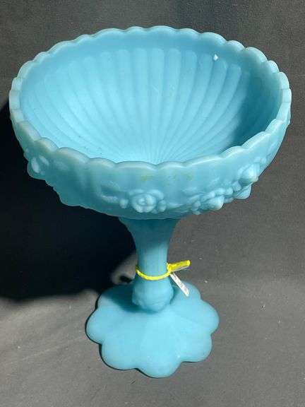 Blue Fenton Glass Compote with Floral Relief 6”x8” - Metzger Property ...
