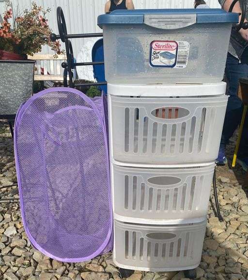 Stackable Plastic Storage Bins and Purple Laundry Hamper - Metzger ...