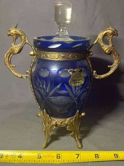 Blue Hand-Cut Glass Container with Brass Dragon Handles and Lid ...
