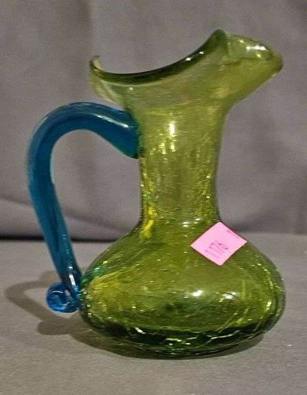 Unmarked Blenko Green Glass Pitcher with Applied Blue Handle 4″ H ...