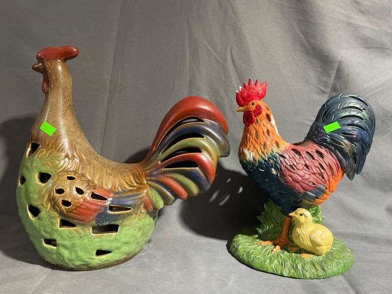 Two Ceramic Rooster Figurines with Perforated Designs and Painted ...