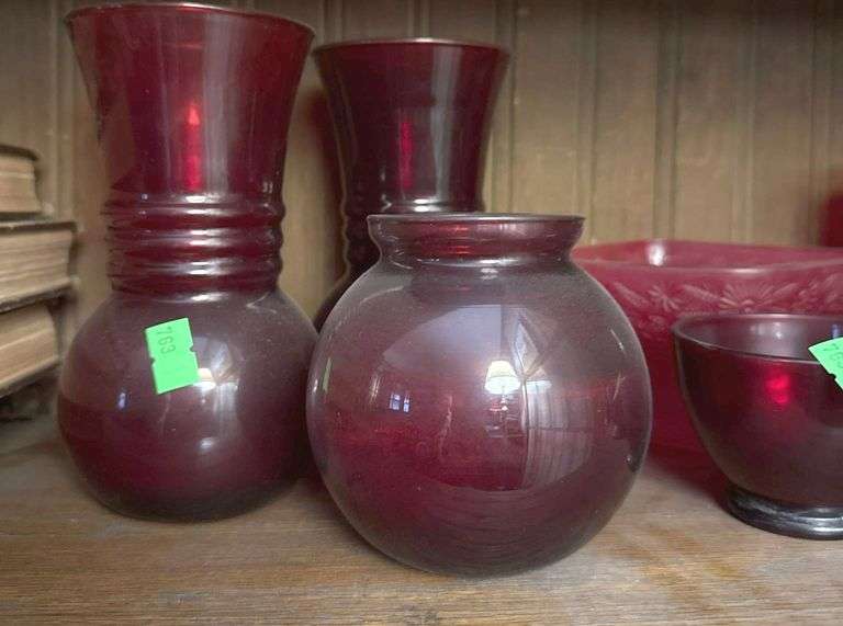 Set of Ruby Red Glassware Including Vases, Bowls, and Cups - Metzger ...