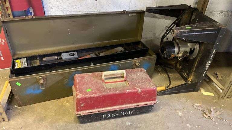 Router Table with Craftsman Router, Metal Tool Boxes, and Assorted ...
