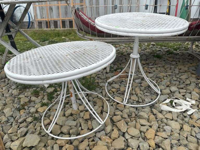 Pair of White Metal Mesh Outdoor Tables with Pedestal Bases - Metzger ...