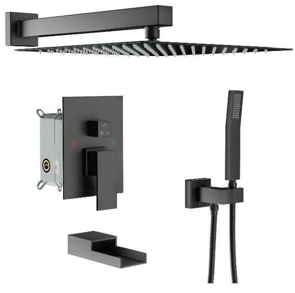 Matte Black Shower System with Square Rain Showerhead and Handheld ...