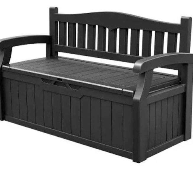Black Outdoor Storage Bench with Slatted Backrest - Metzger Property ...