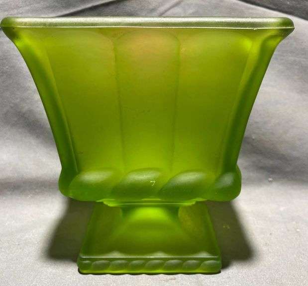 Green Frosted Glass Square Vase with Flared Design - Metzger Property ...