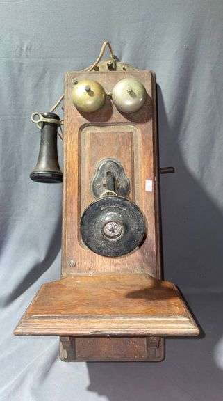 Kellogg Oak Wall-Mounted Crank Telephone with Metal Receiver and Bells ...