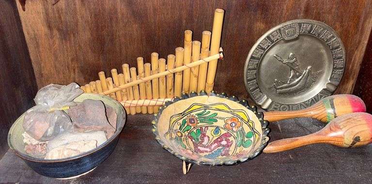 Bolivian Artifacts and Musical Instruments Including Pan Flute, Pottery ...