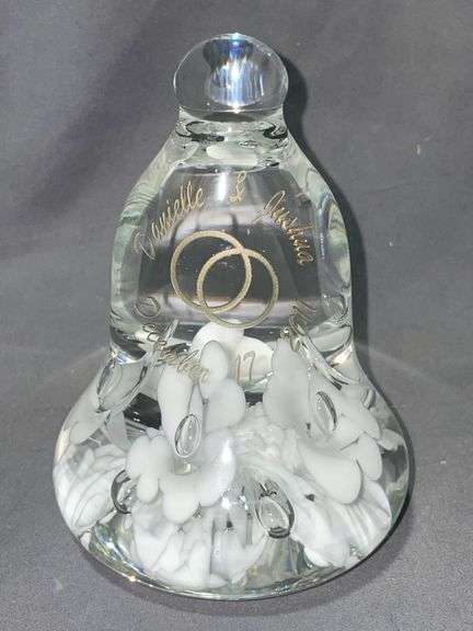 Joe Rice Clear and White Floral Glass Bell Paperweight with Engraved ...