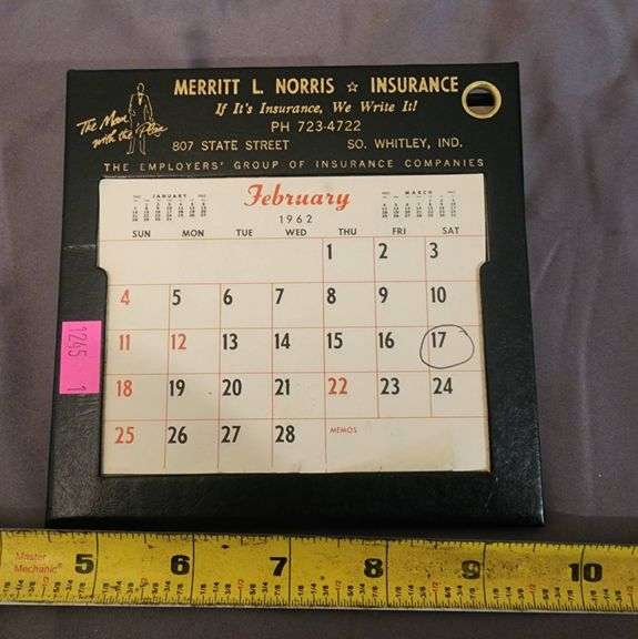 1962 Merritt L. Norris Insurance Calendar with Emergency Contact Pad ...