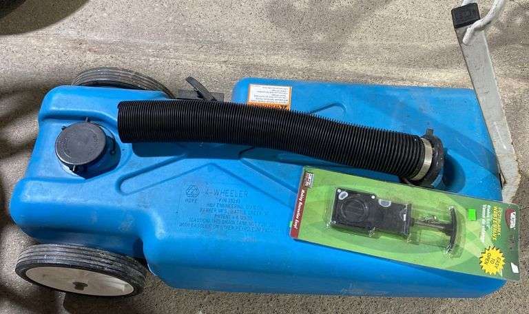 Blue HDPE 4-Wheeler RV Waste Water Tank with New Bladex 1-1/2” Waste ...