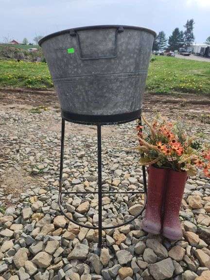 Galvanized Metal Basin with Stand and Boot-Shaped Planter - Metzger ...