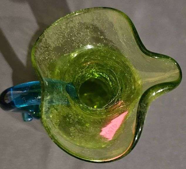 Unmarked Blenko Green Glass Pitcher with Applied Blue Handle 4″ H ...