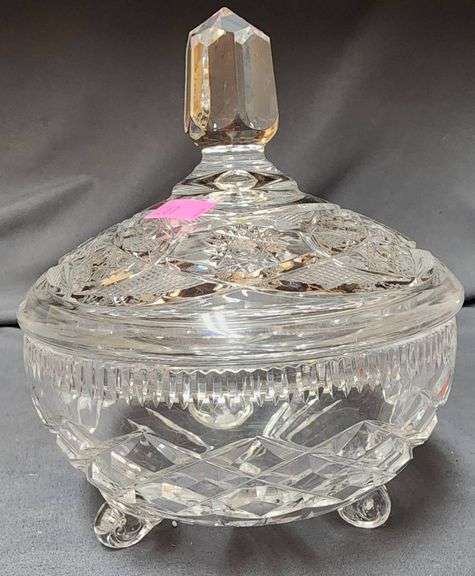 Cut Glass Lidded Candy Dish with Footed Base and Geometric Pattern ...