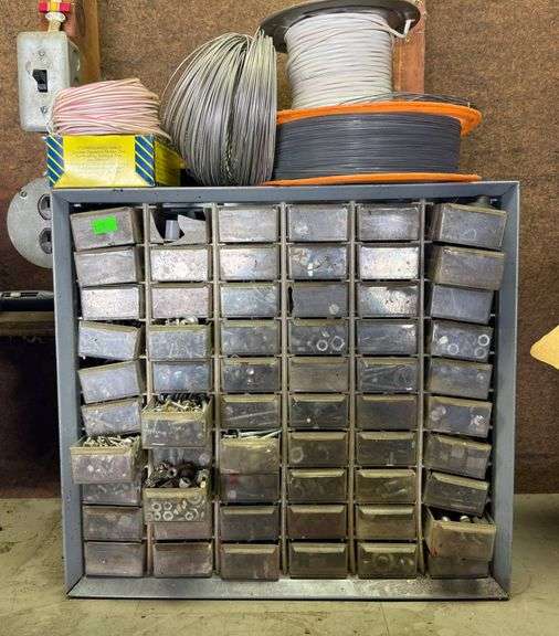 Metal Storage Cabinet with Drawers Containing Fasteners and Electrical ...