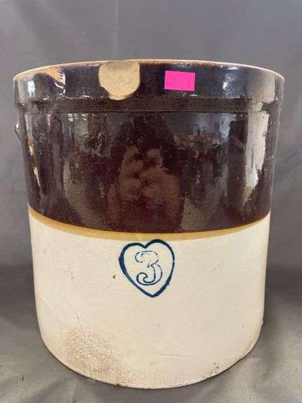 Stoneware Crock with Brown Glaze and Blue Heart No. 3 Design - Metzger ...