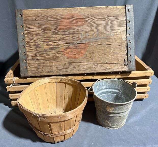 Two Slatted and Solid Side Crates with Assorted Metalware - Metzger ...