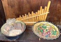 Bolivian Artifacts and Musical Instruments Including Pan Flute, Pottery ...