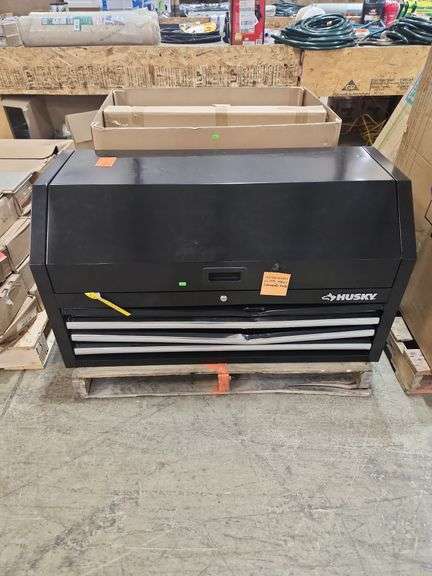 Husky tool box 42" W x 19" D x 25" H with keys has dents sold as is ...