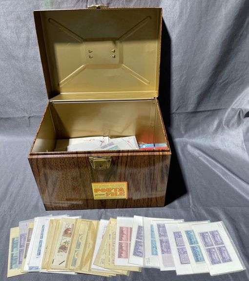 Metal Porta File Box with Assorted Postage Stamps and Envelopes ...