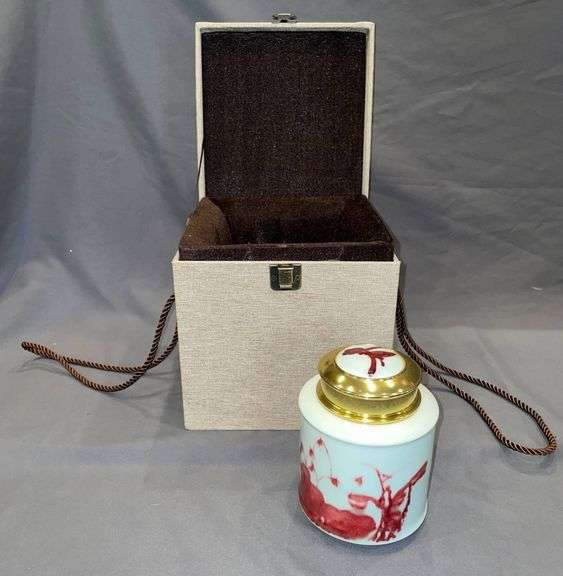 Porcelain Tea Caddy with Red Floral Design and Gold-Tone Lid in Fabric ...