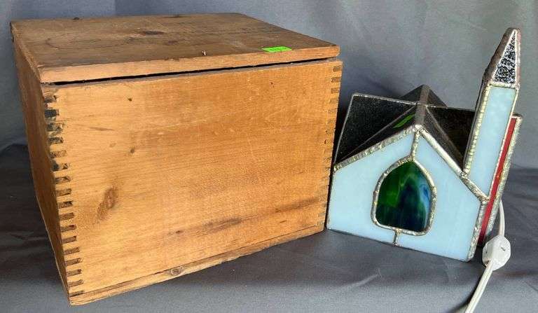 Stained Glass Church Lamp & Wood Box - Metzger Property Services, LLC