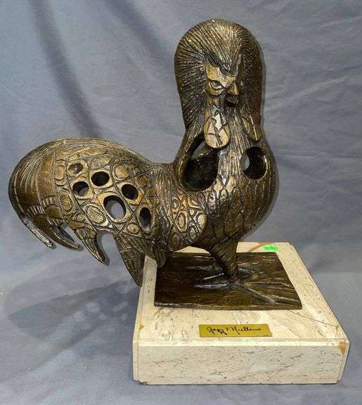Bronze Rooster Sculpture by Gogy F. Hulllow Mounted on Stone Base ...