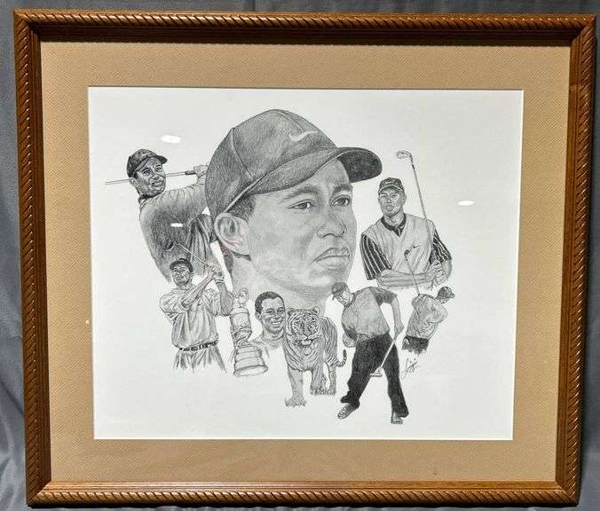 Three Framed Golf-Themed Pencil Illustrations Featuring Tiger Woods and ...