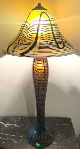 Art Glass Table Lamp with Swirled Shade and Patterned Base – possibly ...