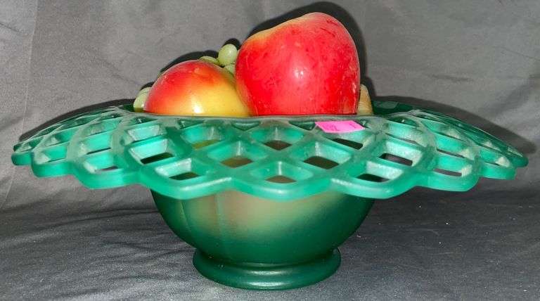 Green Frosted Glass Bowl with Openwork Rim and Assorted Artificial ...