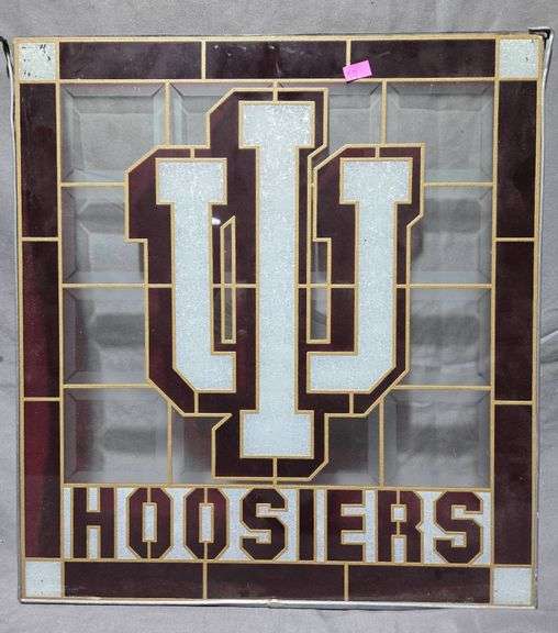 Framed Stained Glass Panel with IU Hoosiers Design, (frame needs repair ...