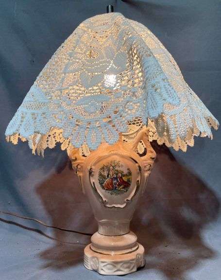 Porcelain Table Lamp with Lace Shade and Figural Transfer Design ...