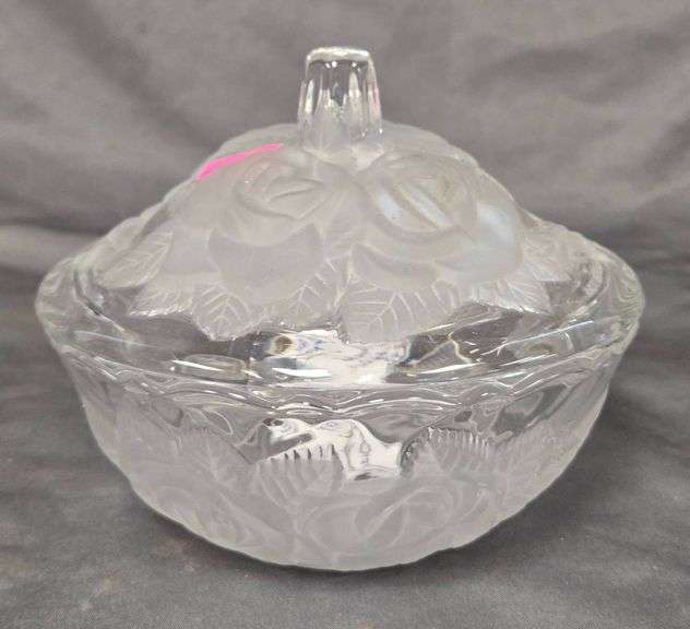 Clear Glass Lidded Dish Candy Dish with Frosted Rose Motif, 4in Ht ...