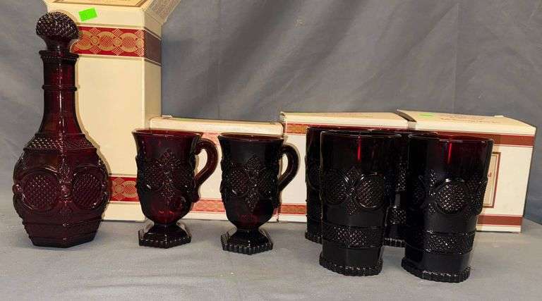 Avon Ruby Red Cape Cod Glassware Set with Wine Decanter, Pedestal Mugs ...