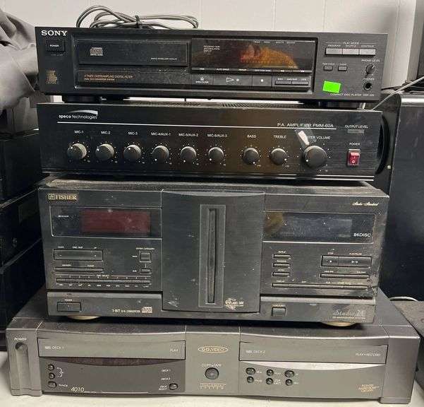 Sony CD Player, Speco Technologies PA Amplifier, Fisher CD Player, and ...