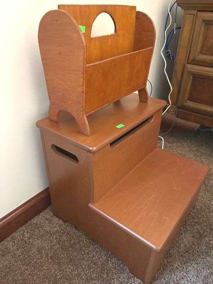 Two-Tier Wood Step Stool with Hinged Storage and Magazine Rack ...