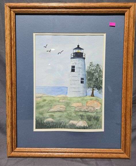 Framed Watercolor Lighthouse Scene by Carol Walker - Metzger Property ...