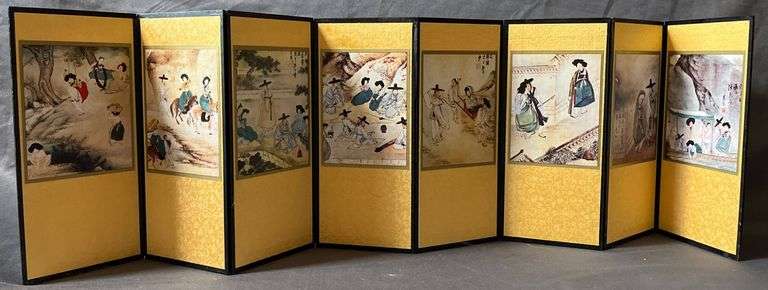 Korean Folk Art Folding Screen with Painted Scenes and Calligraphy ...