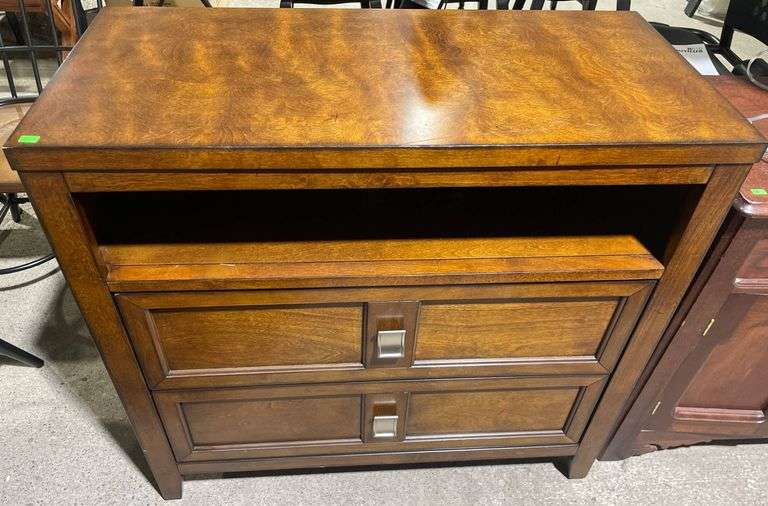 Two-Drawer Chest with Open Storage Shelf and Metal Pull Handles ...