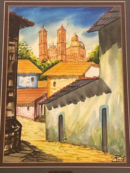 Framed Watercolor Painting of Church Street Scene Signed by Artist Ruiz ...